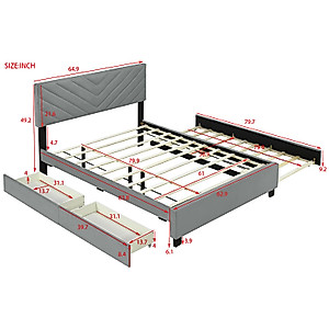 Linique Queen Size Upholstered Platform Bed with Headboard, Trundle and 2 Storage Drawers, Wooden Bed Frame, Grey