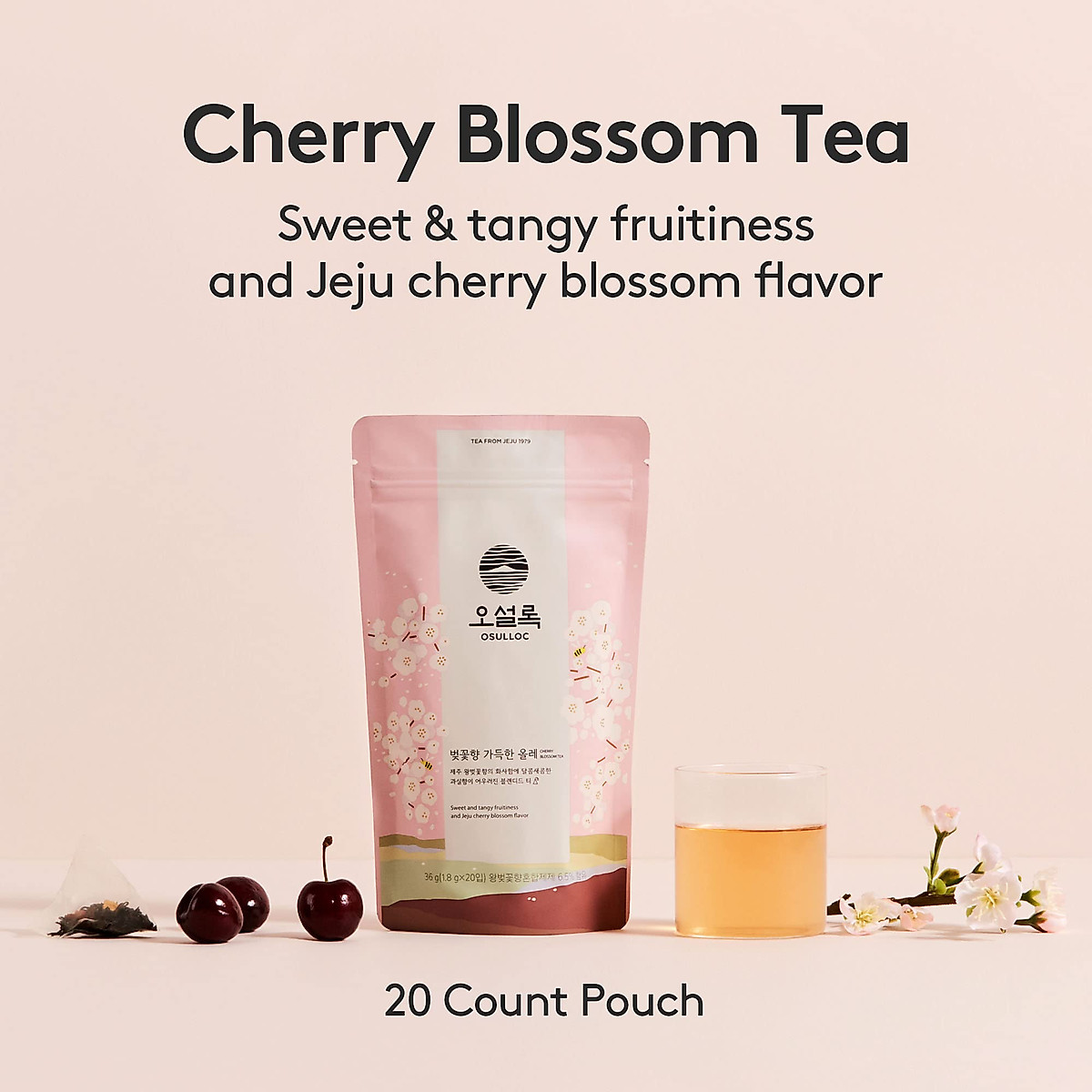 OSULLOC Cherry Blossom Tea (Floral, Sweet cherry scent) | Korean Premium Blended Tea Bag | Sweet Fruit Tea | 20 Count Tea Bags, 1.27oz