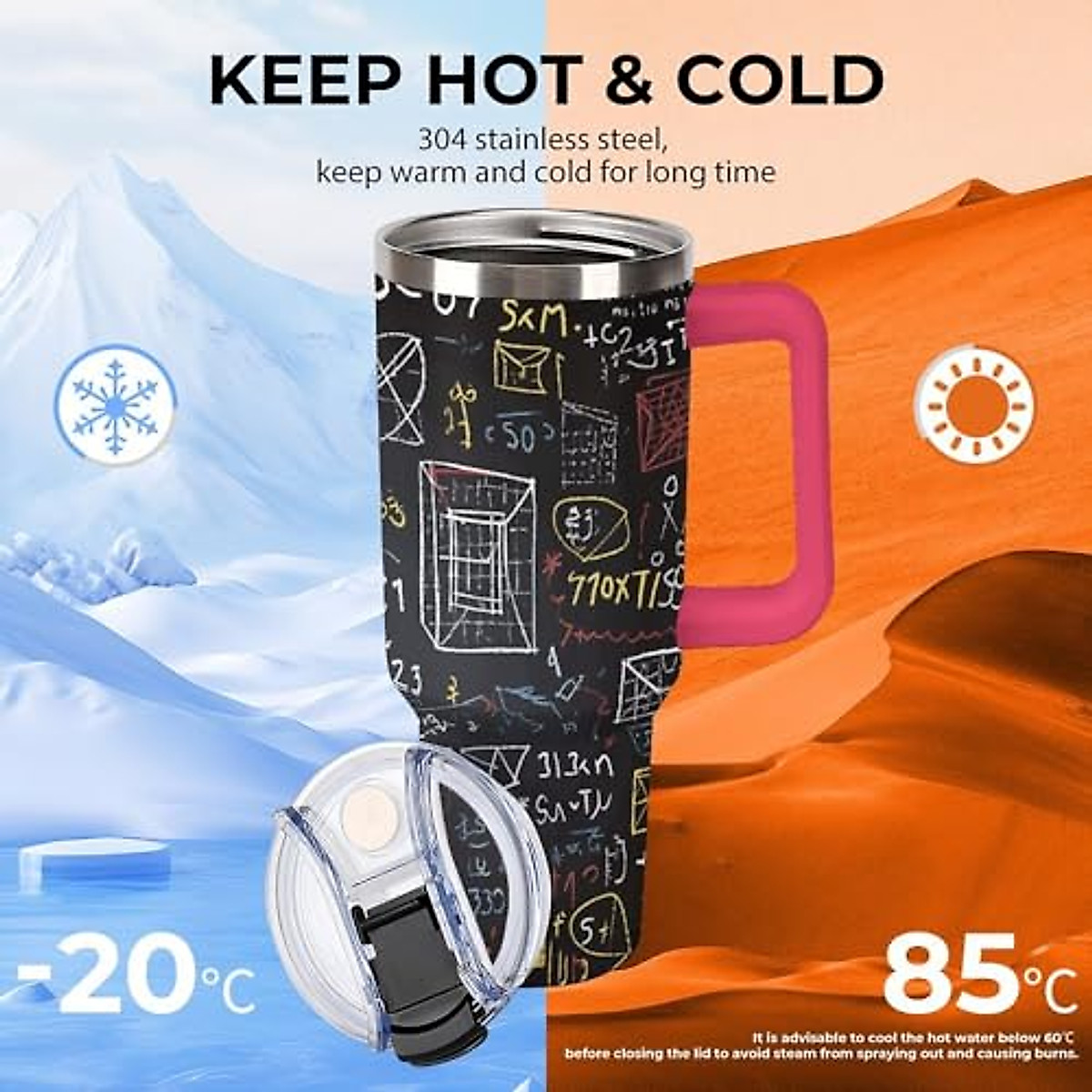 40 Oz Vacuum Tumbler with Light Rose Red Handle Leakproof Insulated Tumbler Mathematics And Physics Stainless Steel Travel Mug with Lid And Straw Coffee Cup Cute Water Bottles Cup Holder Friendly