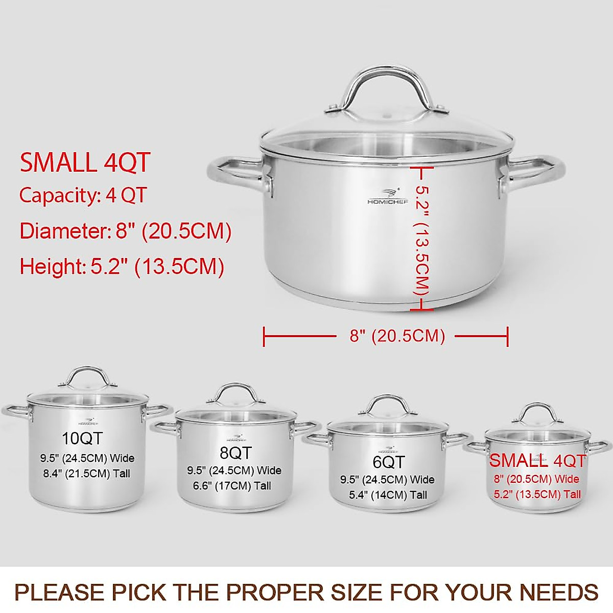 HOMICHEF Small Stock Pot 4 Quart Nickel Free Stainless Steel - Small 4 Qt Pot With Lid - 4Qt Stockpot With Lid - Soup Pot Small Cooking Pot 4 Quart - 4 Qt Pot With Glass Lid - Induction Pot With Lid