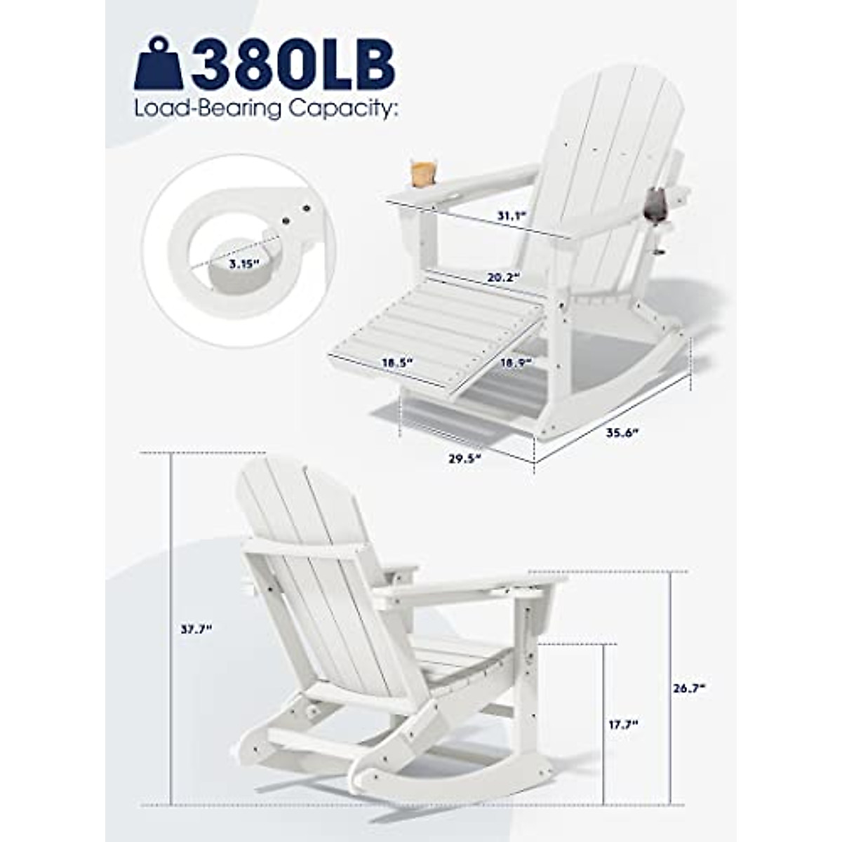 KINGYES Folding 4 in 1 Multifunctional Adirondack Rocking Chair, White
