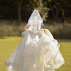 Echodo Bridal Wedding Veil White Double Ribbon Edge Center Cascade Bridal Veil with Comb Wedding Accessories