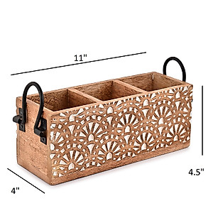 NIRMAN Mango Wood 3 Compartment Multi Purpose Utensil Cutlery Racks for Cutlery, Napkins, Cups Caddy Organizer (11" x 4" x 4.5")