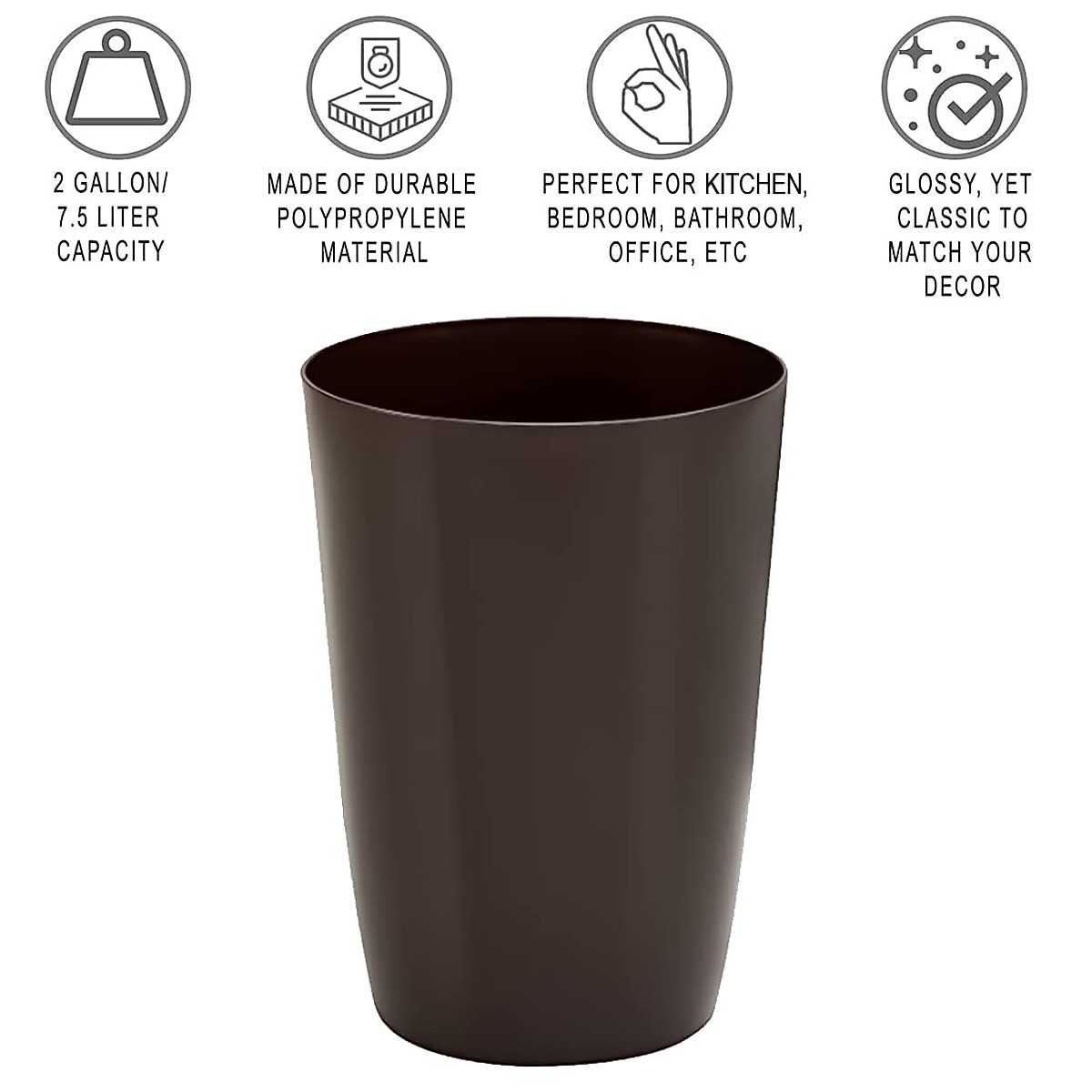 Small Trash Can – Open Top Garbage Cans for Kitchen, Office, Dorm, Bathroom, etc. –Waste Can for Compact/Tight Spaces – The Perfect Bathroom Trash Can - 2 Gallon Trash Bin – Glossy Metalic Dark Brown
