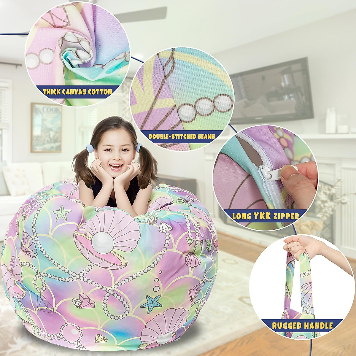 LOLOMLO Stuffed Animal Storage Bean Bag Chair Cover, Hold Kids Plush Toys Blankets Towels Beanbag (Cover Only), Canvas Floor Circle Stuff Sit Seat Sofa with YKK Zipper, Large 32", Pink Shell