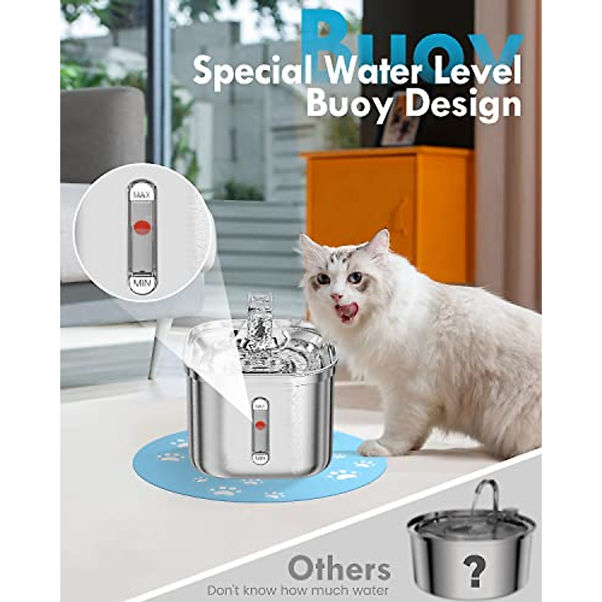Rantizon Cat Water Fountain, 74oz/2.2L Stainless Steel Cat Fountain Water Bowl, Quiet Electric Automatic Pet Water Fountain with Silicone Mat, Water Fountain for Cats Inside for Cats Dogs Pets