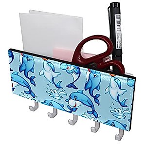 Cute Funny Blue Dolphins Pattern Rack Organizer with 5 Hooks Wall Bathroom Kitchen Shelf Rack Multifunctional Storage Shelf