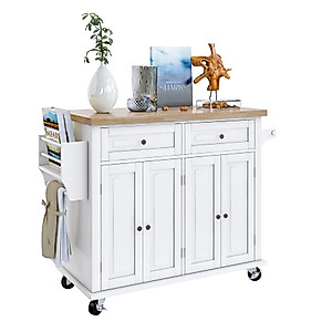 43“ Rolling Mobile Kitchen Island Cart on Wheels with Drawers, Storage Cabinet, Rubberwood Countertop and Spice/ Towel Rack, Adjustable Shelves, White