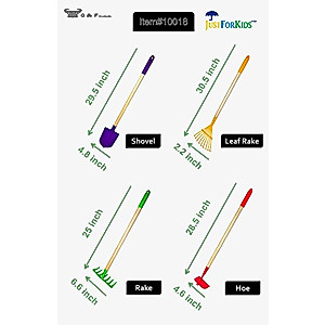 JustForKids Kids Garden Tool Set Toy, Rake, Spade, Hoe and Leaf Rake, reduced size , made of sturdy steel heads and real wood handle, 4-Piece, Multicolored, 5yr+