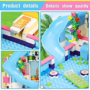 Friends Swimming Pool Building Set for Girls 6-12 Beach Pool Party Building Blocks Toys Water Park Building Includes Juice Bar and Car, Storage Box, Christmas Birthday Roleplay Gift for Kids Girls 7-9