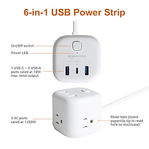 Amazon Basics Power Strip Cube 3 Outlet 3 USB Ports, 1 USB-C(15W) and 2 USB-A(12W), 5 ft Extension Cord, Home, Office, Travel, White