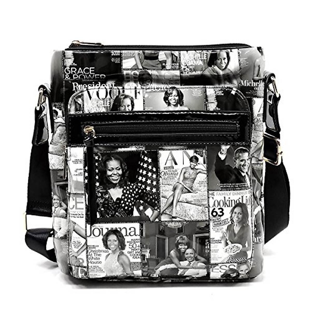Amy & Joey Glossy magazine cover collage large crossbody bag purse Michelle Obama bags (GREY/BLACK)