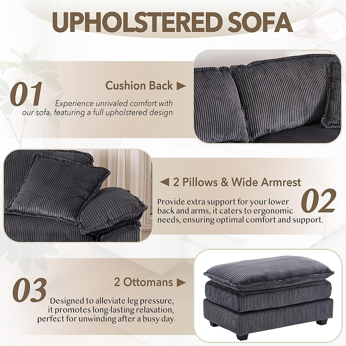 LuxyHoom 84.6" Sectional Sofa Couch, Loveseat Sofa Chaise Lounge, Modern Modular Convertible Couch, 2 Ottomans, 2 Pillows, Corduroy Upholstered Recliner for Living Room, Home Theatre, Apartment, Grey