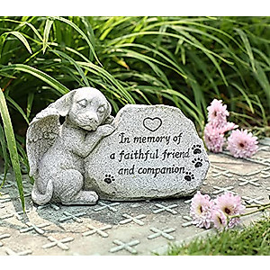 Dog Memorial Stone Statue, Sleeping Dog Angel Figurine Forever in Our Hearts, Dog Grave Markers Outdoor for Deceased Pet, Loss of Dog Memorial Sympathy Gifts Antique Stone Finish 8.86 inch