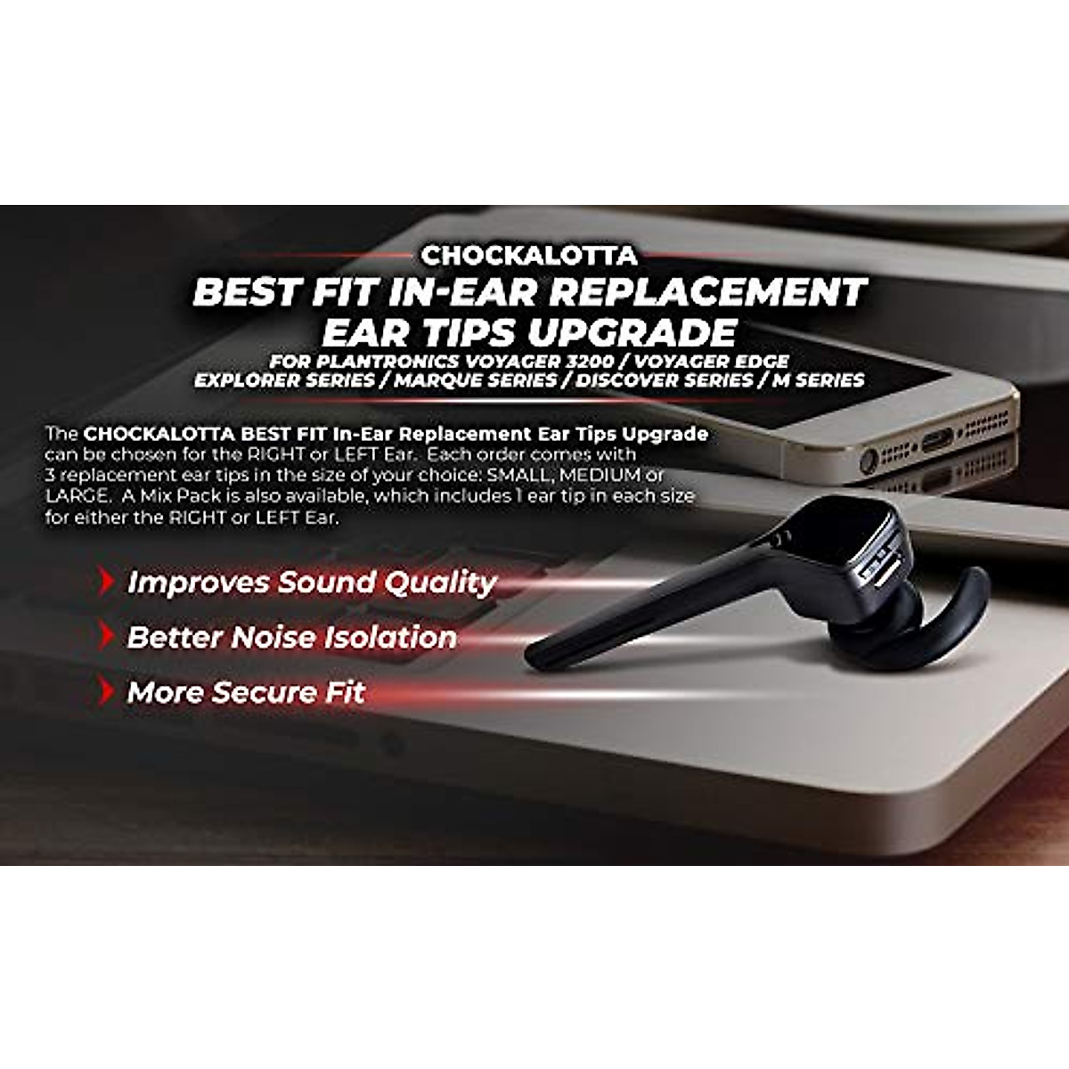 CHOCKALOTTA in-Ear Replacement Ear Tips Upgrade Compatible with Plantronics Poly Voyager 3200 / Edge (Fits Plantronics Explorer / Marque / Discovery / M Series Headsets) (Right Ear, Medium - 3pcs)