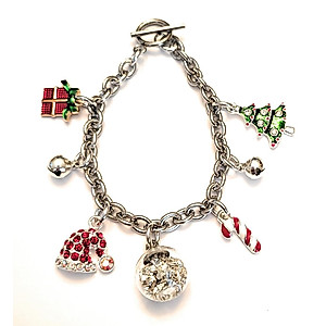 Christmas Tree Charm Bracelet with Snow Globe Present Candy Cane Santa Claus Hat Jingle Bells