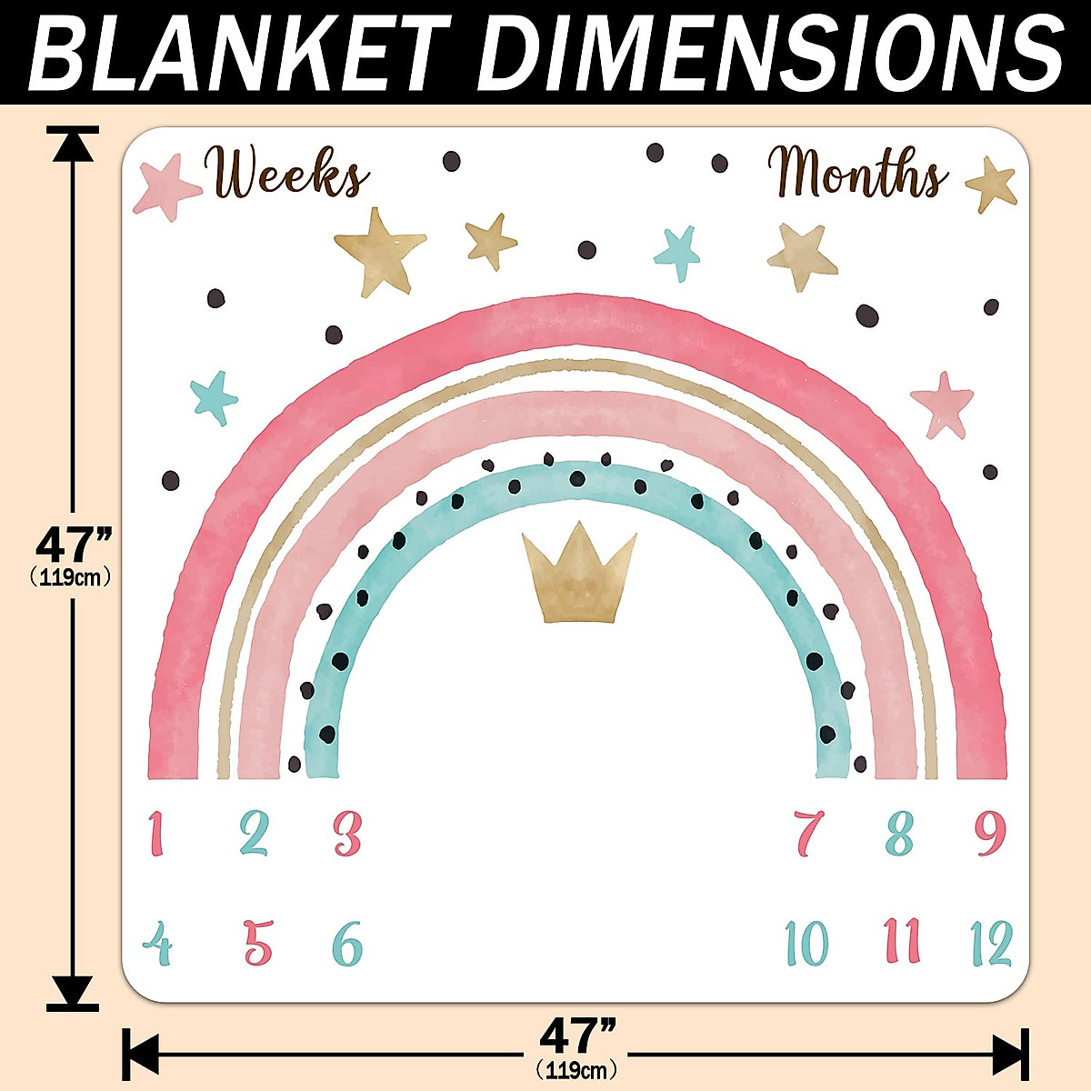PHMOJEN Colorful Rainbow Baby Monthly Milestone Blanket, Girl Crown Star Pattern, Newborns 1 to 12 Months Unisex Include 4 Frames and 1 Headband 47"x47" BTLSPH634