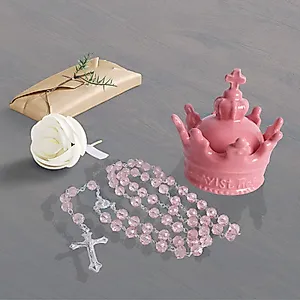 Vencer Ceramic Keepsake Box and Rosary Gifting Set, My First Rosary Cross for Boys and Girls,Pink,VBK-002P