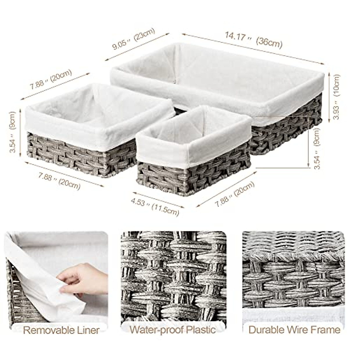 FairyHaus Wicker Baskets for Organizing 3 Pack, Waterproof Small Wicker Storage Basket for Shelves Rectangle, Nesting Lined Grey Wicker Basket