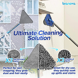 Branova 85" Extendable Wall Cleaner Mop - 360° Rotatable Ceiling Cleaner, Baseboard Cleaner Tool with Handle, Wall Mop with 6 Reusable Mop Pads & Mop Holder - Triangle Mop for Walls and Floors