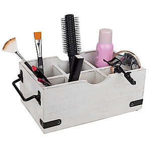 GoCraft 6 Compartment Flatware Caddy, Multipurpose Organiser for Kitchen Cutlery, Dining Silverware Condiments, Arts, Makeup Brushes, White Washed Mango Wood Caddy with Metal Handles