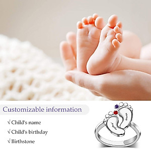 BAUMA Personalized Mothers ring with 2 Simulated Birthstones Baby Feet Ring with 2 Names Engraved Custom Mom Ring for Christmas