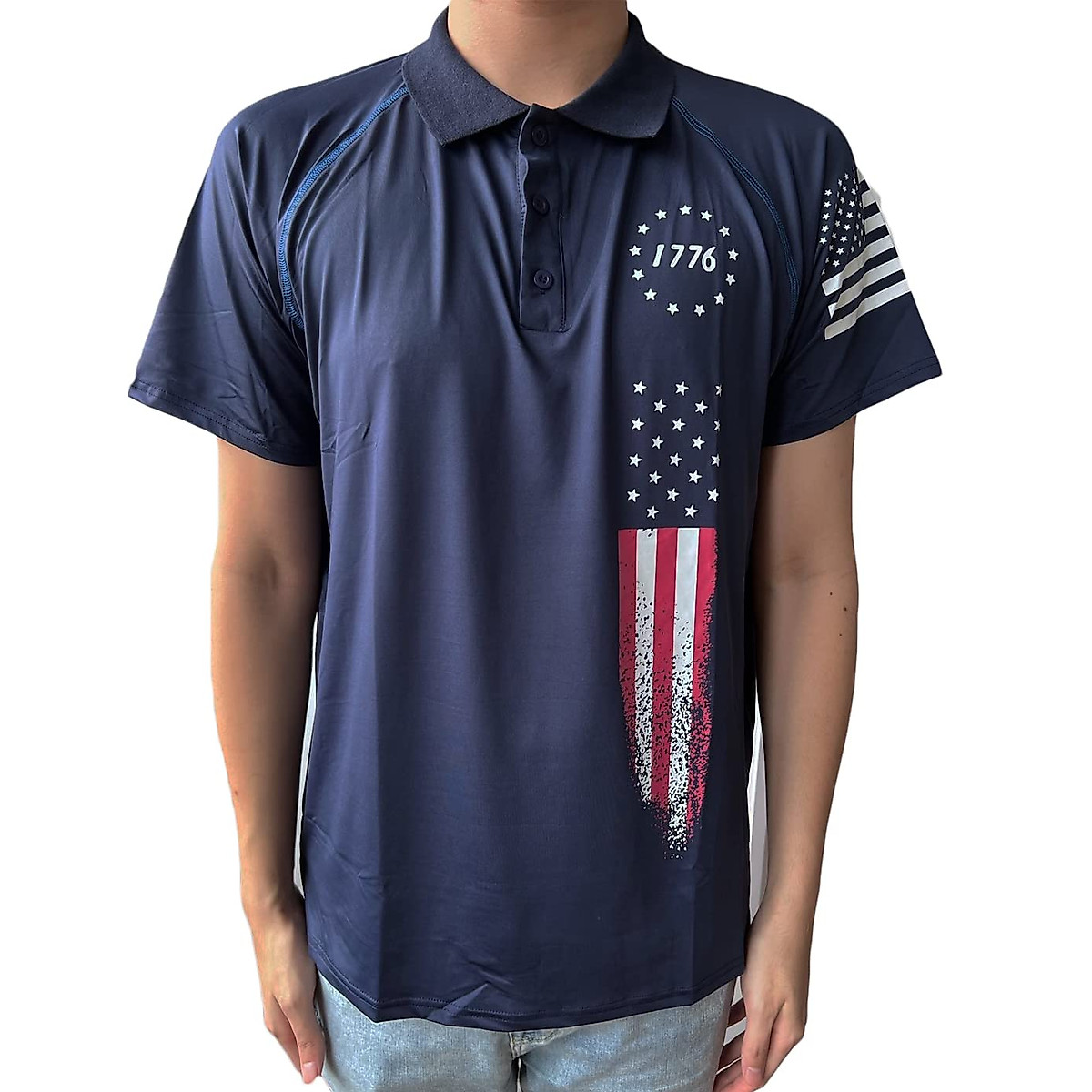 HARGLESMAN Men's Quick Dry Performance Short Sleeve Tactical Patriotic Polo T Shirt Tops Summer 1776 Printed Sports Casual Tees for Golf Tennis Paintball Activewear Navyblue L