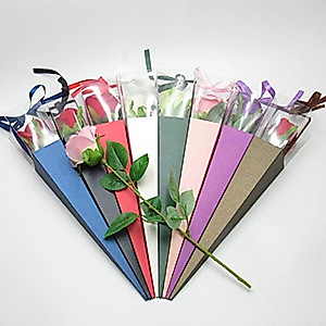 PRETYZOOM 10pcs Single Roses Flower Gift Box Cone Flower Bouquet Wrapping Paper Rose Packaging Bag DIY Flower Holder for Valentines Day Wedding Birthday Gift Without Flower (Pink)