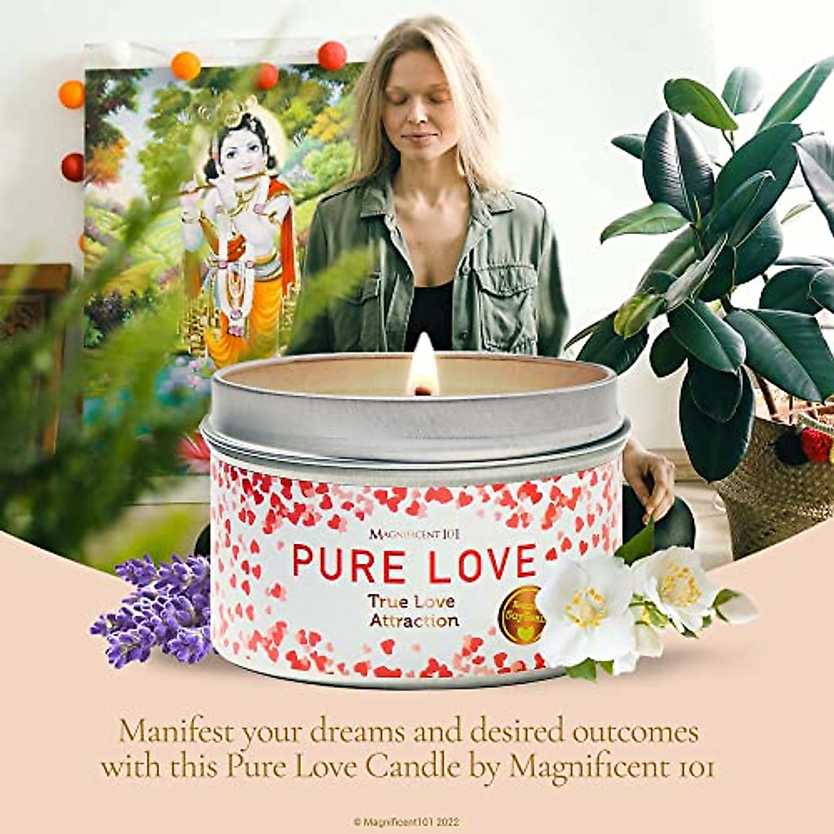 Pure Love Aromatherapy Candle for Love Attraction, Romance - Sage Rose Lavender Scented, Natural Soybean Wax Tin for Purification & Chakra Healing