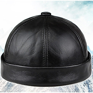 JGHJ Men Genuine Leather Skullcap, Sailor Cap Hat Beanie Rolled Cuff Retro Brimless Genuine Leather Beanie Hat (Black,XL), X-Large