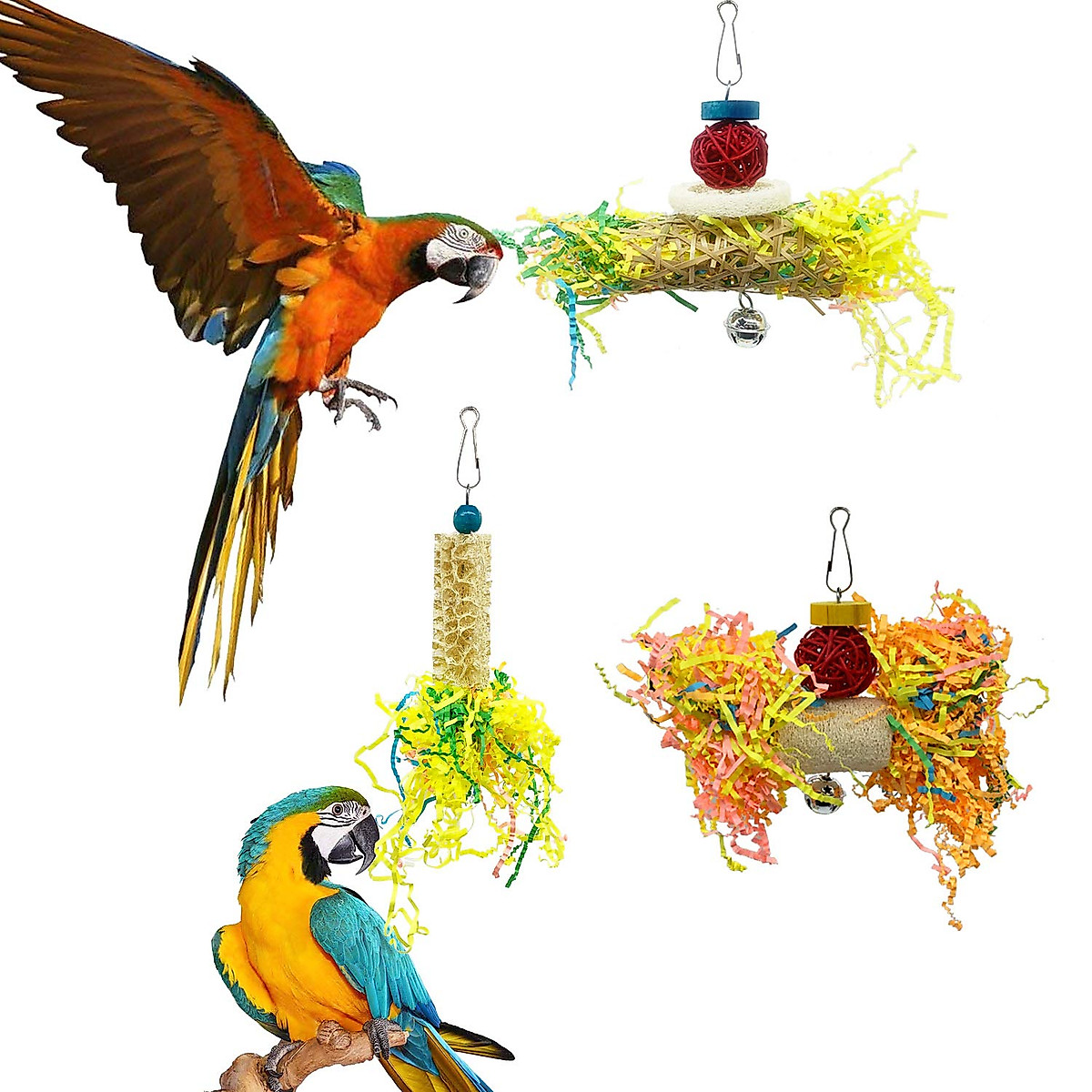 EBaokuup Bird Parrots Shredding Toys Parakeet Chewing Toys Bird Loofah Toys Parrot Cage Shredder Toys Bird Foraging Hanging Toys Bird Accessories for Parrots Lovebird Cockatiel Conure African Grey