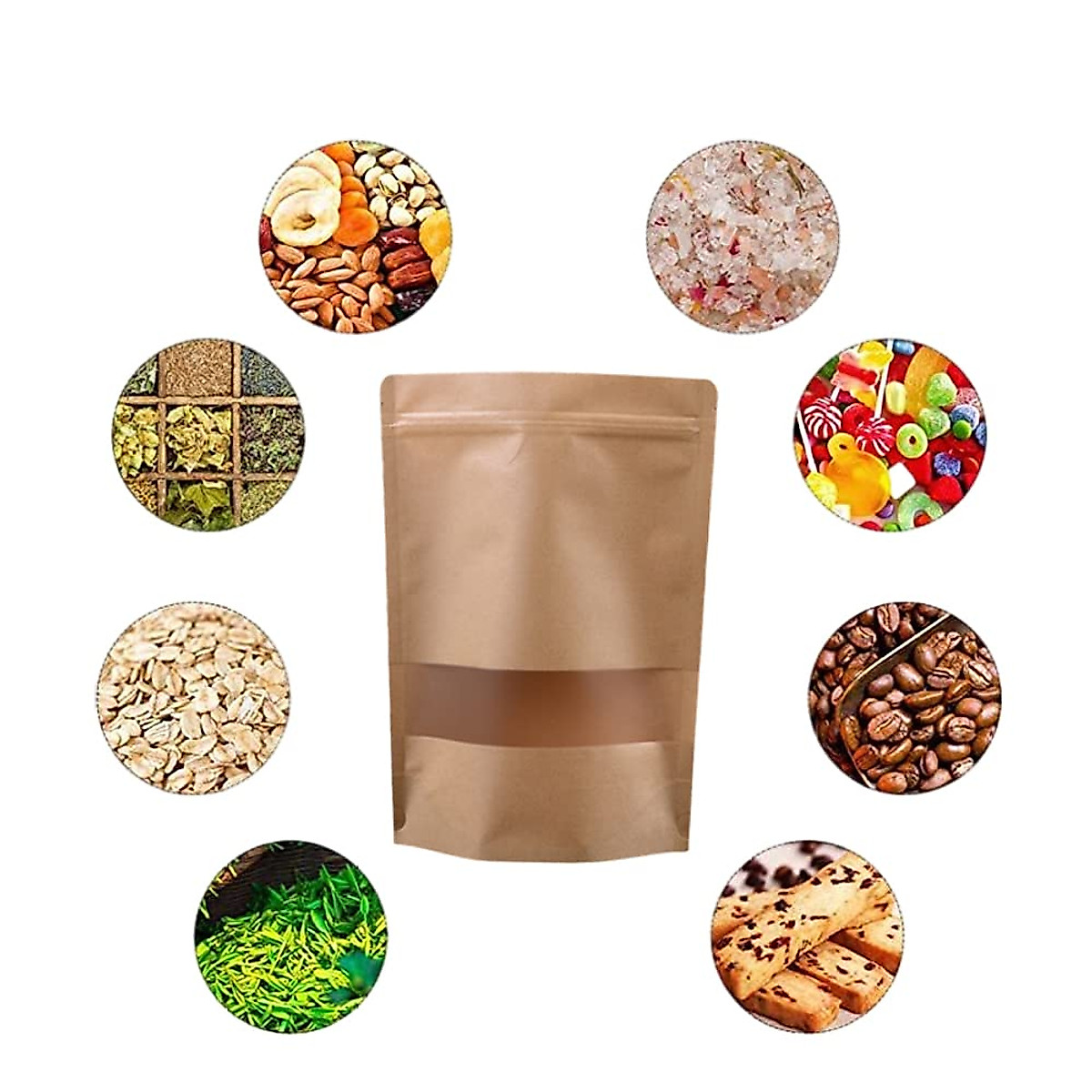 72pcs 4.7x7.8" Kraft Paper Stand Up Bags with Matte Window, Resealable Ziplock Food Storage Pouches for Coffee Packaging, Reusable
