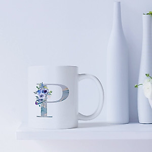 Monogram Letter P Coffee Mugs Marbling Letter Blue Flower Funny Coffee Mugs Alphabet Letters Porcelain Coffee Mugs Drinking Cups with Handle Friendship Gift For Mom Dad Grandma Grandpa Women Men 11oz