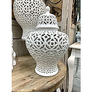 Galt International 19.5” Lattice Ginger Jar with Lid - Home Decor with Intricate Mediterranean Inspired Lattice Work - Living Room and Kitchen Decoration - 19.5” (White)