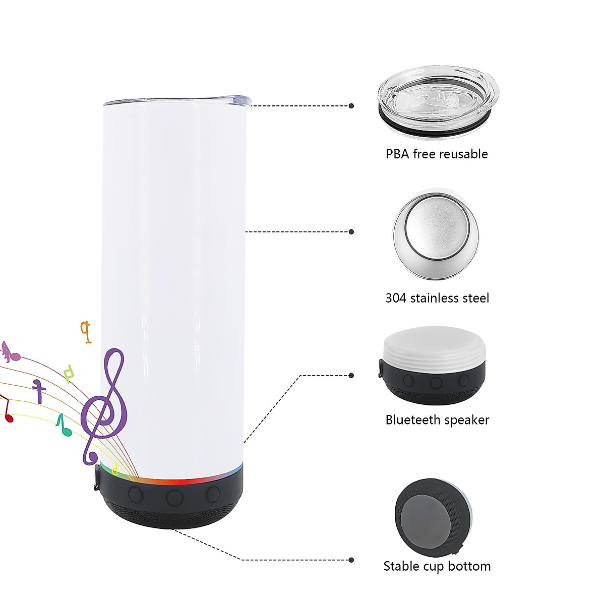 HIZEE 20 oz 1 pack Sublimation Tumbler Blank Bluetooth Music Speaker with Straw and Lid,Skinny Straight Stainless Steel Sublimation Cup Detachable Speaker Suitable for Travel Gifts