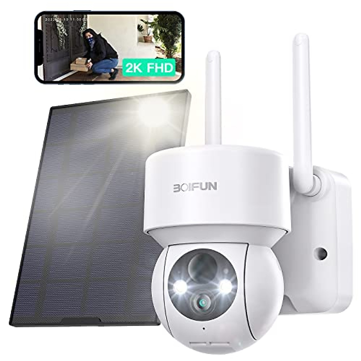 Solar Security Cameras Wireless Outdoor, 2K WiFi 360° PTZ Camera, Solar Powered Security Cameras with Spotlight & Siren, PIR Motion Detection, Color Night Vision, 2 Way Audio, 15000mAh Battery, Alexa