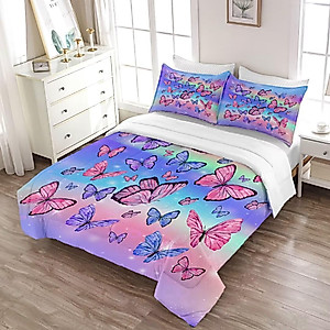 GRAT TIOC Girls Rainbow Butterfly Comforter Set Twin Size,Teen Girls Butterfly Bedding Set,Glitter Butterfly Bed Set Soft Lightweight Microfiber Bedroom Decorations with 2 Pillowcases