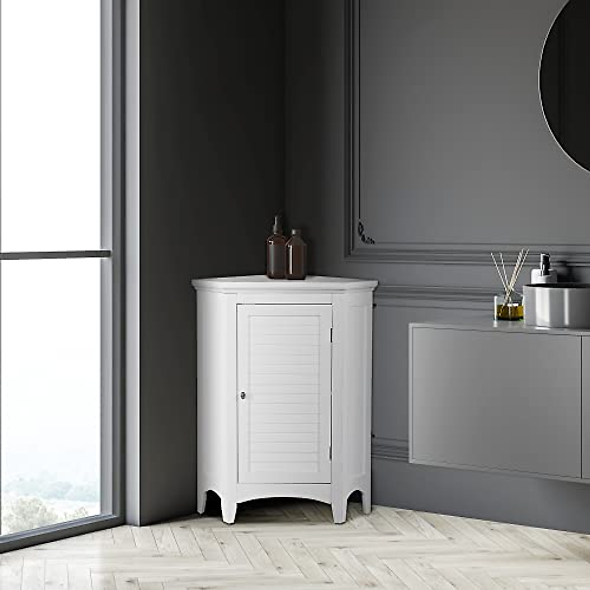 Elegant Home Fashions Glancy One Shutter Doors Wooden Corner Stand Floor Cabinet White & Teamson Home Glancy Detachable Bathroom Cabinet, White