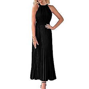 PRETTYGARDEN Women's Long Sun Dresses 2023 Sleeveless Halter Neck Flowy Pleated Maxi Cocktail Dress (Black,Large)