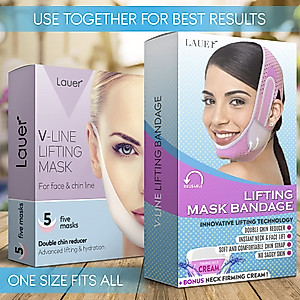 LAUER COSMETIC Double Chin Reducer Chin Strap Face Mask Reusable V Shaped Slimming Face Mask & Neck Firming Cream V Line Lifting Mask Chin Up Patch (Pink)