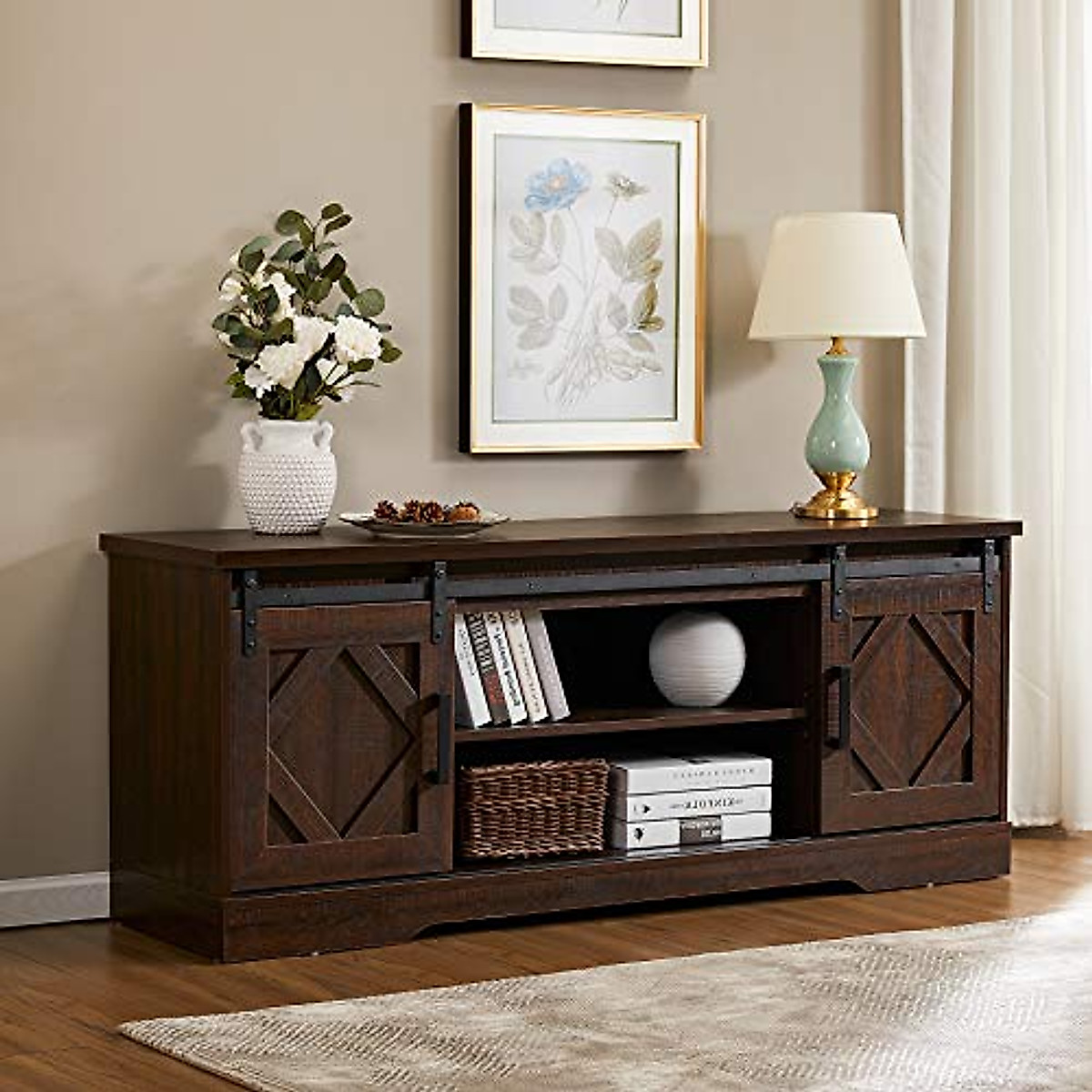 WAMPAT Farmhouse TV Stand Modern Sliding Barn Door Entertainment Center for TVs Up to 65 inch, Wood TV Media Console Table Cabinet Storage for Living Room, Rustic Brown