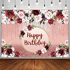 AIBIIN 7x5ft Burgundy Floral Happy Birthday Backdrop Rose Gold Glitter Bokeh Pink Burgundy Floral Photography Background Women Lady Girl 16th Bday Party Decorations Banner Supplies Photo Booth Props
