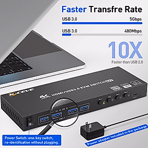 USB 3.0 KVM Switch HDMI 4 Port Support 4K@60Hz 2K@120Hz RGB 4:4:4 Simulation EDID, HDMI USB Switch for 4 Computers Share 1 Monitor and 4 USB 3.0 Ports with Controller, Power Adapter and KVM Cables
