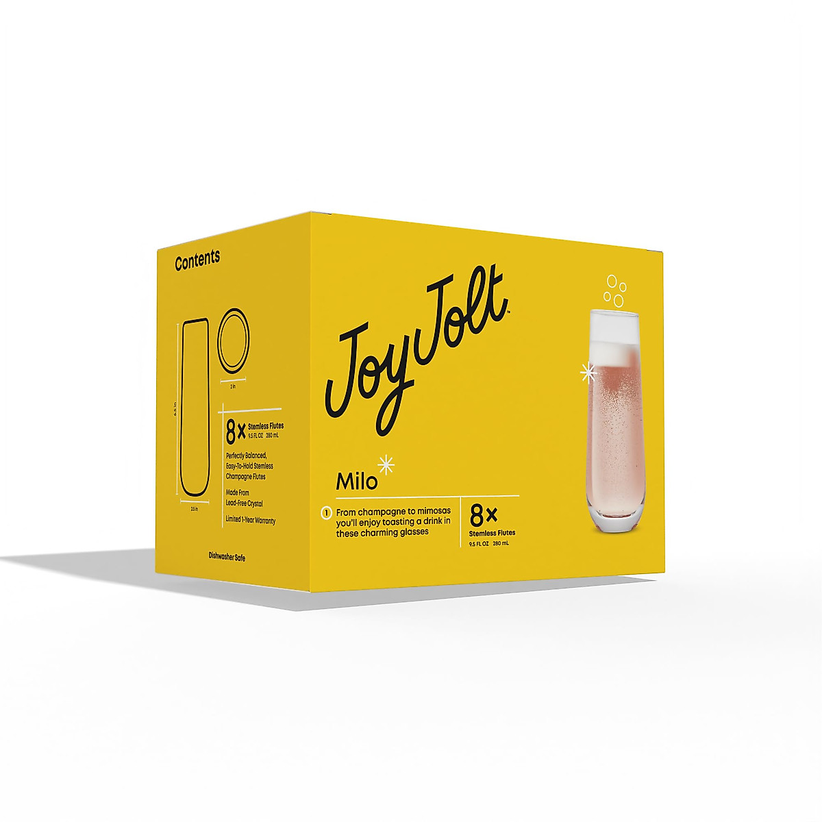 JoyJolt Milo Stemless Champagne Flutes Set of 8 Crystal Glasses. 9.4oz Champagne Glasses. Prosecco Wine Flute, Mimosa Glasses Set, Cocktail Glass Set, Water Glasses, Highball Glass, Bar Glassware