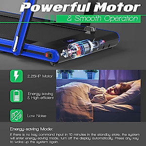 GYMAX 2 in 1 Under Desk Treadmill, Folding Running Machine with Dual LED Display, APP & Remote Control, Walking Pad Jogging Machine for Home Gym Small Space (Navy)