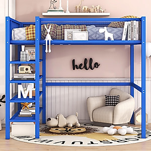 Bellemave Full Size Metal Loft Bed with 4-Tier Shelves and Storage, Loft Bed with Bookshelf (Blue)