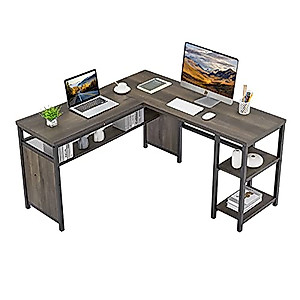 FATORRI L Shaped Computer Desk, Industrial Home Office Desk with Shelves, Rustic Wood and Metal Corner Desk (Walnut Brown, 59 Inch)