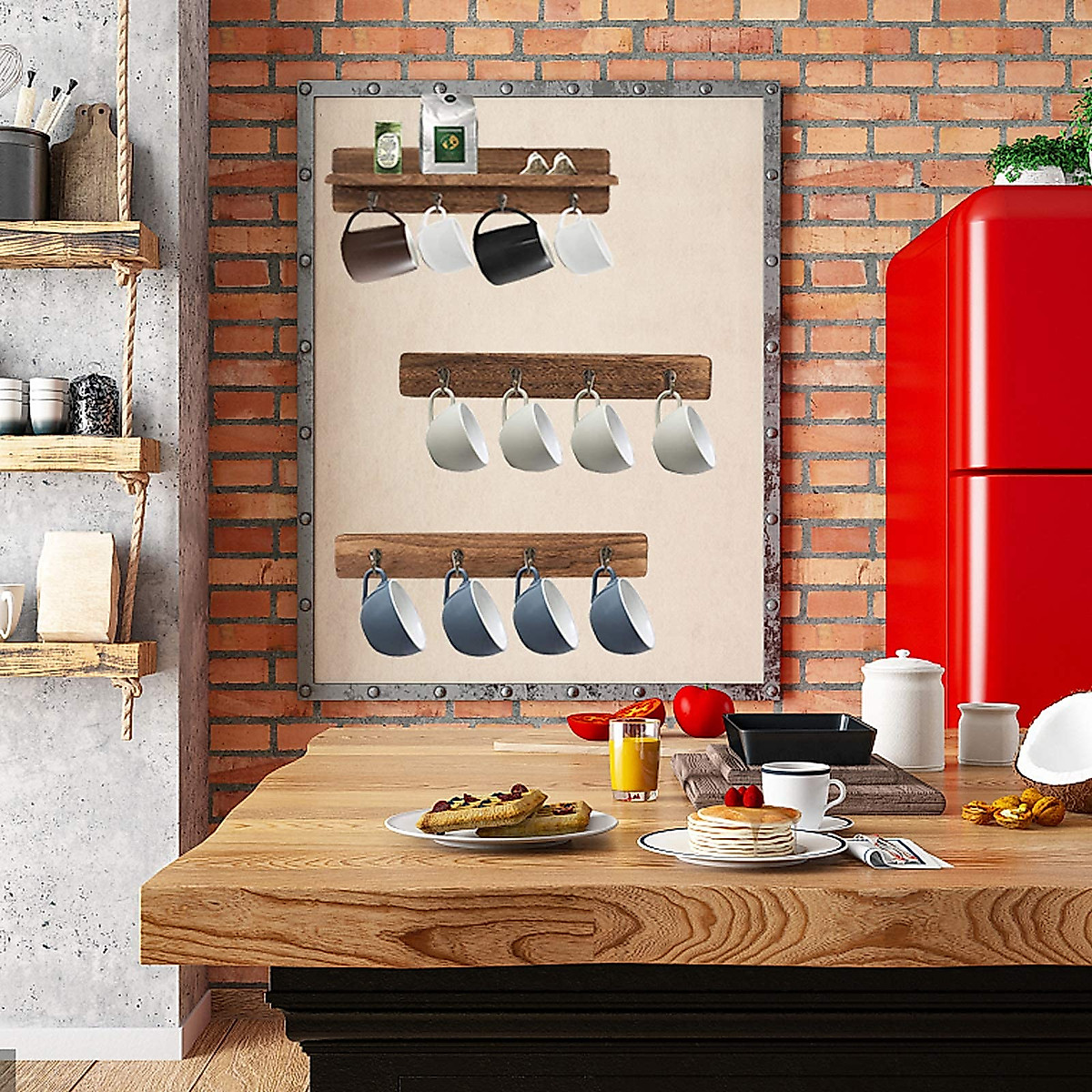 YCOCO Coffee Mug Holder,Rustic Wood Wall Mounted Coffee Mug Rack with 12 Hooks and Storage Shelf,for Coffee Bar Accessories and Decor,Set of 3