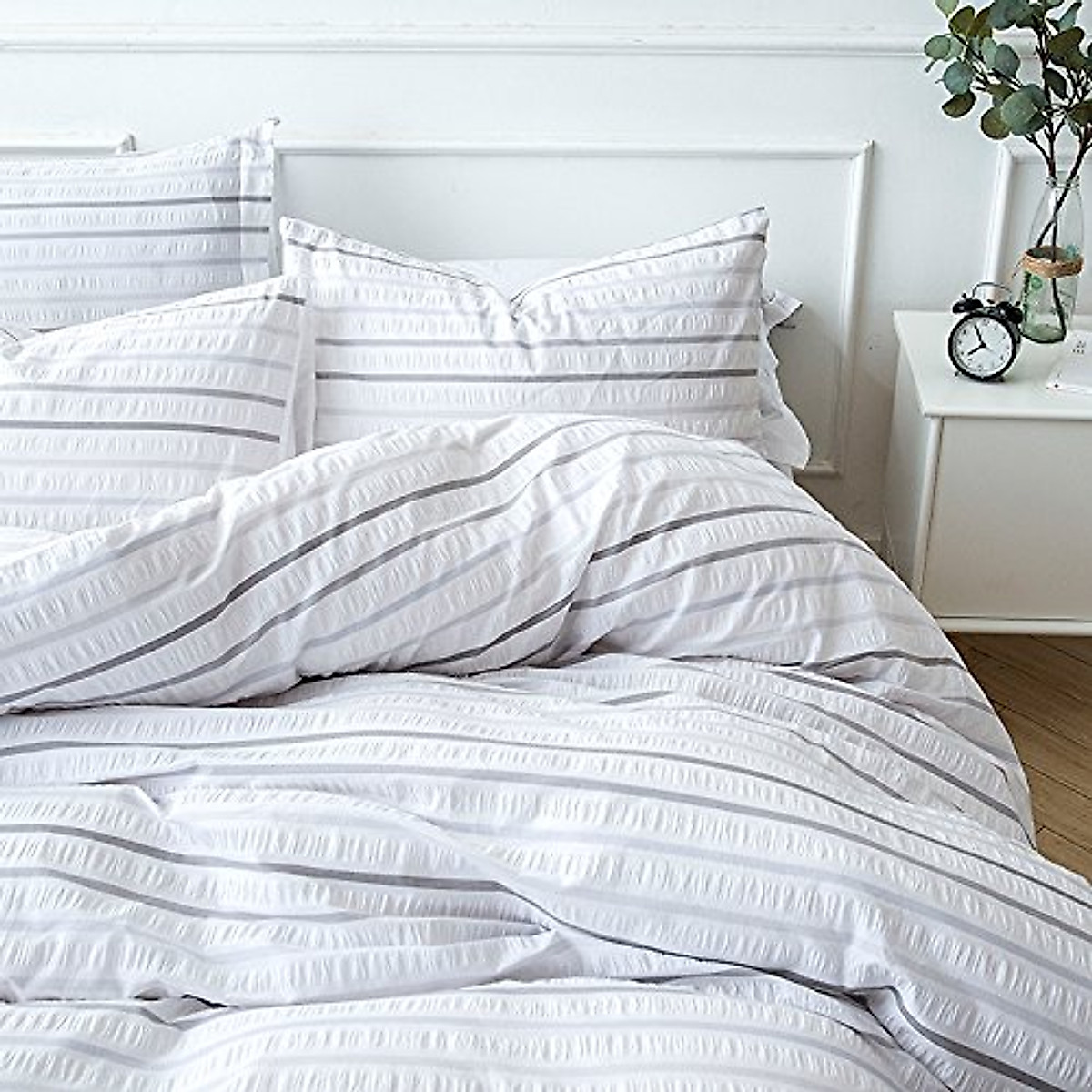 Merryfeel Seersucker Duvet Cover Set Queen Size, 100% Cotton Yarn Dyed Seersucker Stripe Duvet Cover with Pillowshams,3 Pieces Bedding Set - Full/Queen