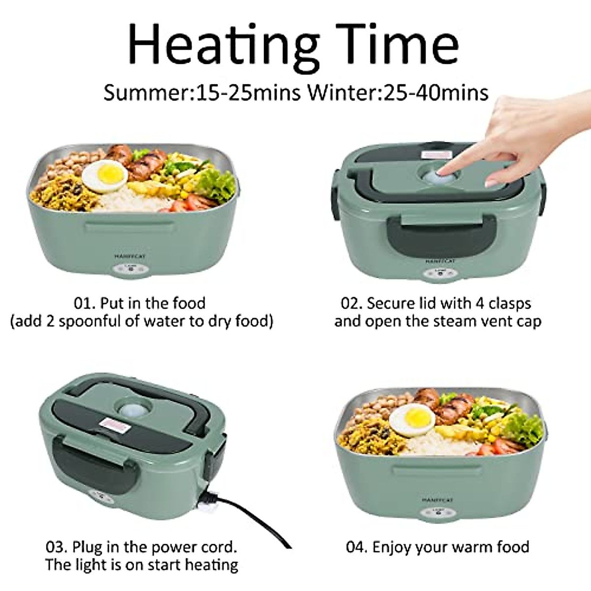 HANFFCAT Electric Lunch Box, Portable Box Food Heater Leak-Proof Sealing Ring Waterproof And For Car、Truck Work 12v 110v 55w ,Stainless Steel Container Spoon Fork、Handbag, Green (DRFH-02)